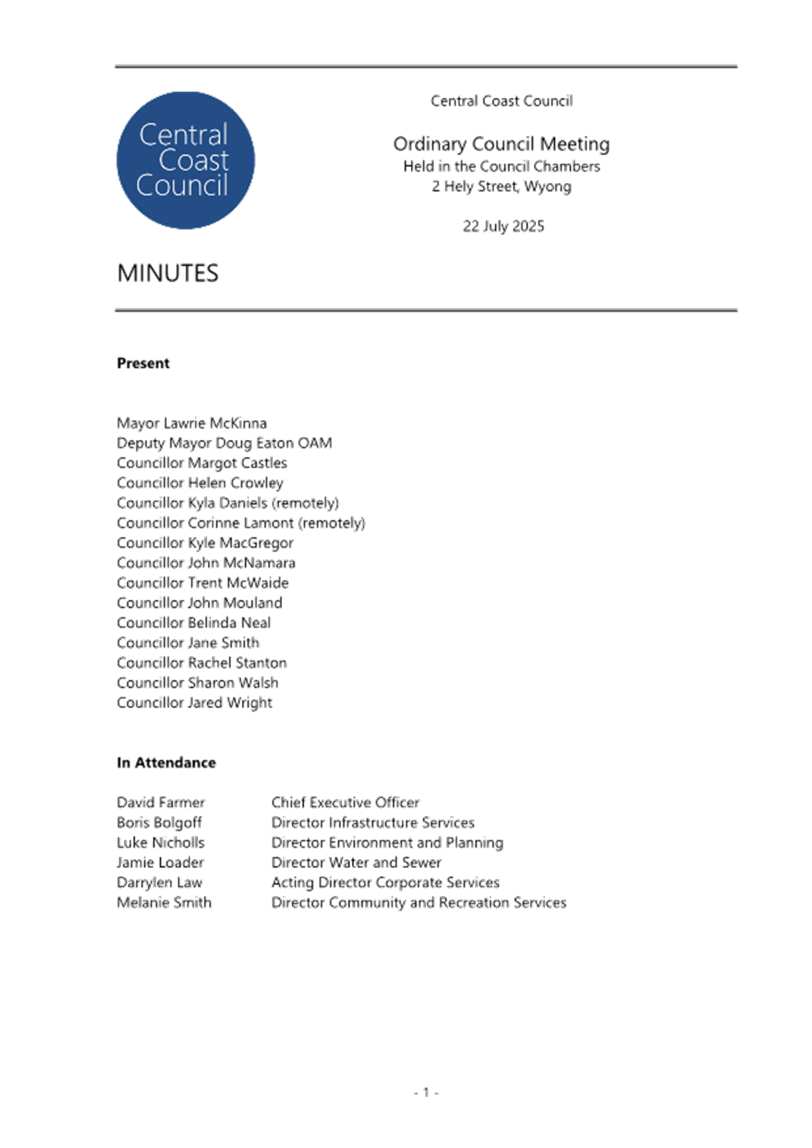 Agenda of Ordinary Council Meeting - Tuesday, 26 August 2025